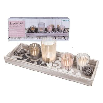 Out of the Blue Holzteller, ca. 40 x 14 cm mit 4 Glas-Teelichthalter Steine & Deko in Geschenkbox