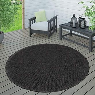 Paco Home Tapis Int&eacute;rieur & Ext&eacute;rieur Terrasse Et Balcon Monochrome Structur&eacute;, Dimension:200 cm Rond, Couleur:Noir