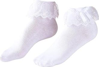 Generico Chaussettes cheville &agrave; volants en dentelle douce, chaussettes en coton r&eacute;tro pour femme (2 paires), Blanc 2, Taille Unique