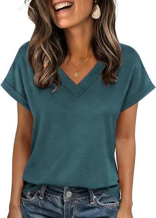 Zeagoo T-shirt pour femme - Col en V - Manches courtes - &Eacute;l&eacute;gant - D&eacute;contract&eacute; - Couleur unie - Tailles S &agrave; 2XL, vert fonc&eacute;, M