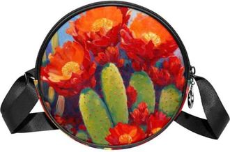 Generic Sac &agrave; bandouli&egrave;re rond pour femme, motif cactus rouge, petit sac &agrave; bandouli&egrave;re avec fermeture &eacute;clair, bretelles r&eacute;glables, sac &agrave; main rond d&eacute;contract&eacute;