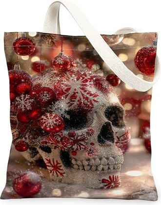 Generic Sacs fourre-tout en toile avec motif de cr&acirc;ne de No&euml;l, sacs d&eacute;picerie r&eacute;utilisables, l&eacute;gers et lavables en toile pour le shopping, les voyages, 33 x 3