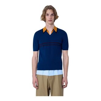 Dries Van Noten Homme, Pulls, Bleu, Taille: S Polo Tricot Col Contrast&eacute; Col V