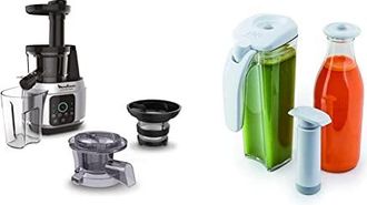 Moulinex Juice & Clean Extracteur de jus de fruits et de légumes, Jus vitaminés, Pressoir, 150 W, 42 à 83 tours/min, Jus de fruits frais, & Kit de conservation