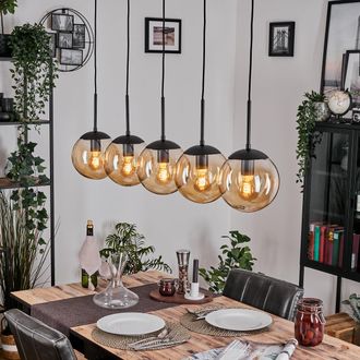 HOFSTEIN H&auml;ngeleuchte Gastor, 5-flammige H&auml;ngelampe aus Metall/Glas in Schwarz/Bernstein, Vintage-Design (&Oslash; 20cm), E27, Pendelleuchte h&ouml;henverstellbar bis max.
