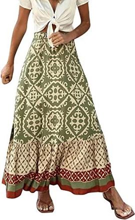 Generic Robe boh&egrave;me 2026 pour femme - Jupe pliss&eacute;e taille haute avec poches, vert militaire, XL