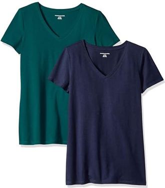 Amazon Essentials T-Shirt Col en V, à Manches Courtes, Coupe Standard Femme, Lot de 2, Vert Foncé/Bleu Marine, XXL