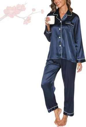 Generic Pyjama 2 pièces en soie pour femme, vêtement de nuit doux boutonné, ensemble de pyjama en satin pour femme, bleu marine, XXL