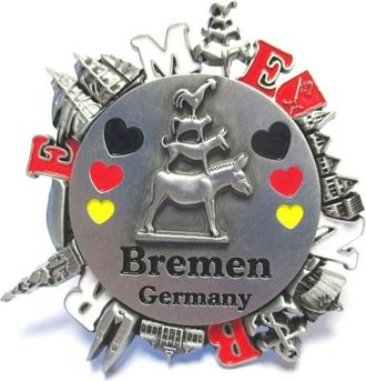 Generic Bremen Metall Magnet Stadtmusikanten Kranz Drehscheibe Souvenir Germany Neu