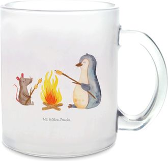 Mr. & Mrs. Panda Teetasse Pinguin Lagerfeuer - Geschenk, Teetasse aus Glas, Job, Lebensmotivation, Teeglas, Leben, Tasse mit Henkel, B&uuml;ro, Teebecher