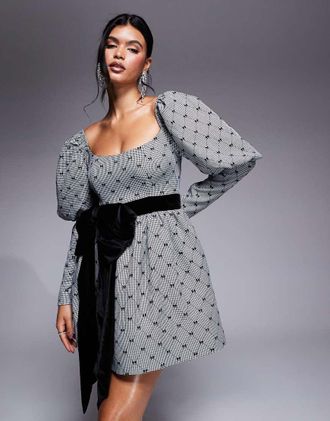 Asos Minikleid in Schwarz und Weiß mit Samtschleife, Puffärmeln und beflocktem Schleifenmuster-Bunt
