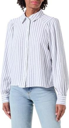 Only Onlcaro L/S Linen BL Puff T-Shirt CC PNT Chemisier à Manches Longues, Blanc Brillant/Rayures : Bleu Marine, L Femme