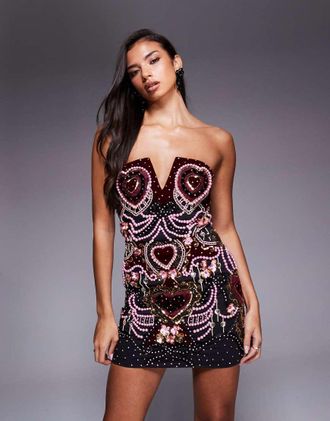 Asos Robe courte en velours avec bretelles amovibles et coeurs &agrave; ornements et perles-Multicolore