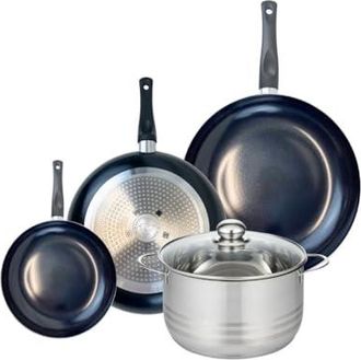 Fackelmann ELO 9746950 Batterie de cuisine 4 pièces, Ensemble de 3 Poêles de cuisson 20, 28 et 32 cm et 1 faitout 24 cm Elo Prima Brillant, inox, induction