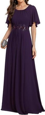 Ever-pretty Robe de Soirée Femme Moussline Applique Col Rond Manches Courtes Cérémonie Voilet Foncé 40