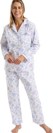 Marlon Womens Blanche Printed Brushed Cotton Piped Revere Collar Pyjama Ensemble de Pijama, Bouquet Bleu, 52-54 Femme