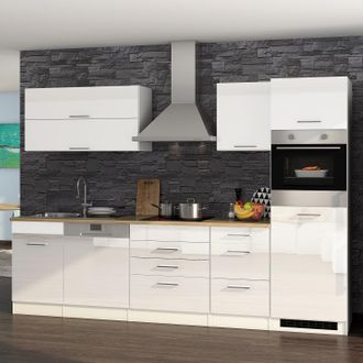 Held Möbel home24 Küchenzeile Mailand IX 300 x 200 x 60cm Weiß/Weiß Glaskeramik mit Elektrogeräten ohne Kühlschrank