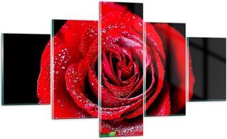 Arttor Mehrteilige Bilder auf Glas Rose Blume Bl&uuml;tenbl&auml;tter Wasser Glasbild 125x70cm Wandbilder Dekoration Wohnzimmer Schlafzimmer K&uuml;che Set 5 teilige Klein 