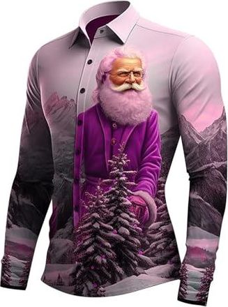 Generic Chemise de No&euml;l &agrave; manches longues pour homme - Chemise de No&euml;l amusante et festive - Col rabattu avec imprim&eacute; de No&euml;l - Chemise de No&euml;l boutonn&eacute;e - Co