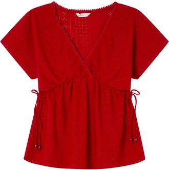 Springfield Damen Swiss Embroidered V Neck Top T-Shirt mit V-Ausschnitt, rot, Large