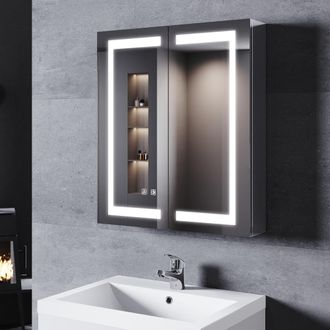 Sonni LED Spiegelschrank Bad und Steckdose 70 x 60cm, 2 T&uuml;riger Edelstahl Spiegelschrank mit Touch-Schalter, 3 Einstellbare Lichtfarben + Defogging, Kabello