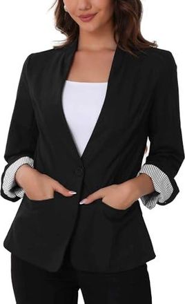 Allegra K Blazer Femme Col en V avec 1 Bouton Manches Longues Veste L&eacute;g&egrave;re pour Travail et Affaires Noir XS