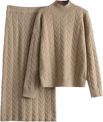 Generic 2026 Printemps Ensemble robe pull en tricot pour femme, manches longues, col haut, haut et jupe midi, tenue d&eacute;contract&eacute;e, automne hiver, jacquard flor