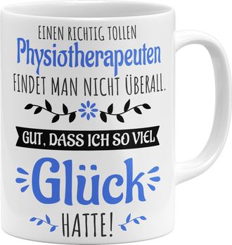 OM3 Physiotherapeut Kaffee-Tasse mit Spruch - Geschenk für Physiotherapeuten Danke Spruch Glück gehabt - Keramik Becher - 325ml - Beidseitig Bedruckt - We