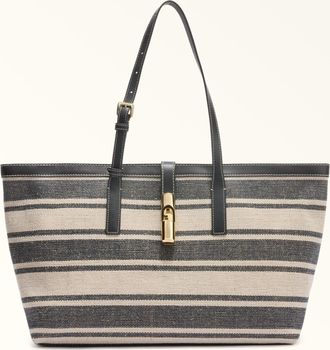 Furla Debby Tote-bag L Toni Indigo Gestreiftes Canvasgewebe + Sidney-kalbsleder Damen