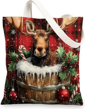Generic Sac fourre-tout r&eacute;utilisable en toile d&eacute;lan de No&euml;l pour faire ses courses, 33 x 38,1 cm, sac d&eacute;picerie r&eacute;utilisable pour femme, peinture animale, d&eacute;c