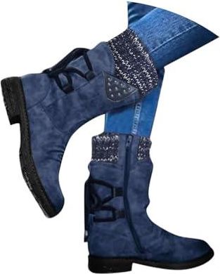 Generic Bottes d&eacute;quitation mi-mollet pour femme - Souples et vintage - Tricot en cuir - Bout rond - Talons blocs &eacute;pais - Chaudes &agrave; lacets - Bottes de neige ha