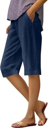 Generic Short en coton et lin pour femme - Taille &eacute;lastique - Coupe ample - Avec poches - Longueur genou - Pantalon de plage d&eacute;contract&eacute; et l&eacute;ger, noir fonc&eacute;,