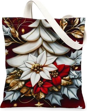Generic Sacs fourre-tout en toile florale de vacances, sacs d&eacute;picerie r&eacute;utilisables, vintage dhiver, l&eacute;ger, lavable, bandouli&egrave;re Ca, Rouge, 13x15 Inch