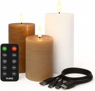 FlinQ Wiederaufladbare LED-Kerzen mit lebendiger Flamme - Inklusive Fernbedienung mit Timer und Dimmfunktion - Wiederaufladbare Echtewachs Stumpenkerzen - 3