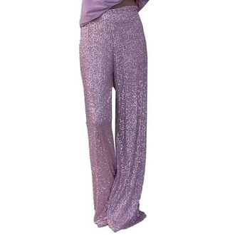 Generic Pantalon de travail pour femme - Jambe large - Pantalon &eacute;lastique &agrave; paillettes - Taille haute - Pantalon de danse en jersey pour femme, Rouge, L