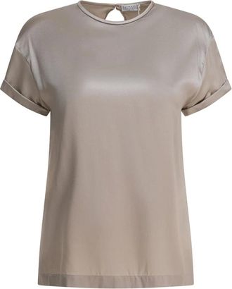 Brunello Cucinelli Femme, Blouses et Chemises, Gris, Taille: 42 FR Haut en Soie &agrave; Manches Courtes avec Encolure Orn&eacute;e