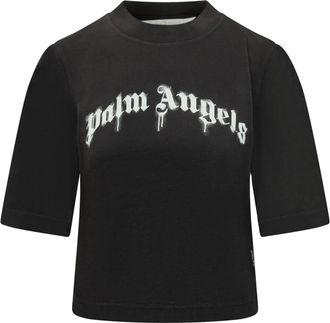 Palm Angels Femme, Tops, Noir, Taille: 40 FR Curved Logo Boxy T-Shirt