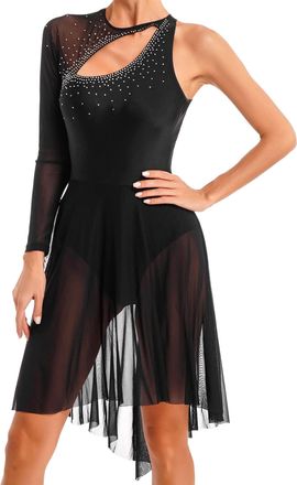 TiaoBug Damen Eiskunstlauf Kleid Langarm Tanzkleider Strass Gymnastikanzug Turnanzug mit R&ouml;ckchen Slip Schwarz K M
