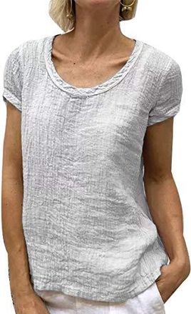 ORANDESIGNE Chemisiers Occasionnels en Lin à Manches Courtes Femmes T-Shirt Tee Tops Décontracté Tunique Grande Taille Chemise Shirt Chic ete Palge Gris 44