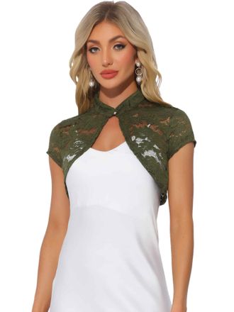 Allegra K Damen Sommer Spitze Bolero Strickjacke Kurzarm Hochzeit Leicht Elegante Festlich J&auml;ckchen f&uuml;r Abendkleid Armeegr&uuml;n L