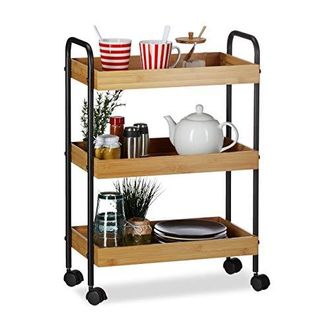 Relaxdays Rollwagen, 3 Ablagen, nat&uuml;rliche Optik, 360&deg; drehbare Rollen, Stahl, HxBxT: 70x50x28cm, Natur/schwarz