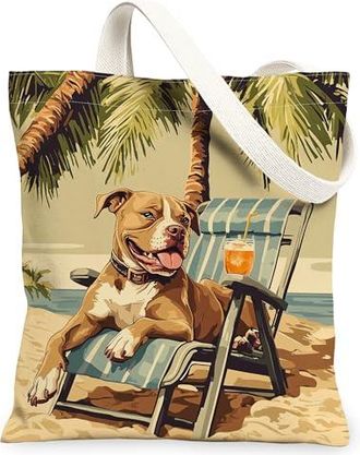Generic Sac fourre-tout amusant en toile motif chien Pitbull pour faire du shopping, 33 x 38,1 cm, sac &agrave; bandouli&egrave;re r&eacute;utilisable pour femme, peinture danimau