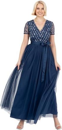 Maya Maxi Dress for Women Ladies Bridesmaid V-Neck Ball Gown Short Sleeves Long Elegant Empire Waist Wedding, Robe de Demoiselle dhonneur Femme, French Nav