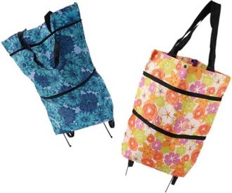 FOMIYES Lot de 2 Paquet &agrave; Provisions Pliables &agrave; Roulettes Grand Paquet de Courses L&eacute;ger avec Motif Blanc et Bleu Pratique pour Shopping Voyages et Camping