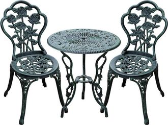 OUTSUNNY Ensemble salon de jardin 2 places 2 chaises + table ronde style n&eacute;o-r&eacute;tro motif rose lignes fusel&eacute;es fonte daluminium vert vieilli