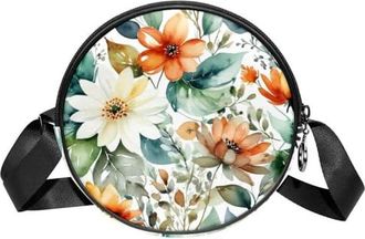 Generic Petit sac &agrave; bandouli&egrave;re circulaire pour femme, motif feuilles florales, sac &agrave; dos avec fermeture &eacute;clair, bretelles r&eacute;glables, sac &agrave; main rond d&eacute;contra