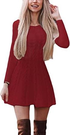 TOMWELL Robe No&euml;l Tricot&eacute;e Femme &agrave; Manches Longues Col Rond Pull Mini Robe Automne Hiver Bodycon Pull Robe A Rouge S