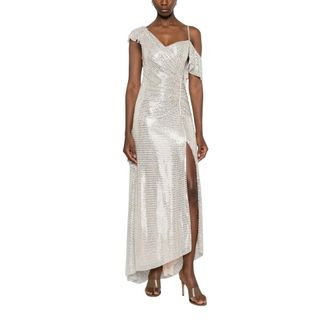 Self Portrait Femme, Robes, Gris, Taille: 38 FR Robe Maxi Pliss&eacute;e &agrave; Volants et Strass