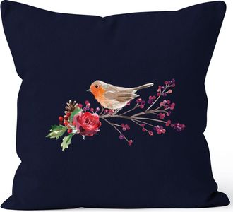 Autiga Kissenbezug Vogel Rotkehlchen Blumen Misteln Watercolor Bird Weihnachten Christmas Navy 40cm x 40cm