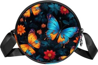 Generic Sac &agrave; bandouli&egrave;re rond pour femme, motif floral et papillon, petit sac &agrave; dos &agrave; bandouli&egrave;re avec fermeture &eacute;clair, bretelles r&eacute;glables, sac &agrave; main rond
